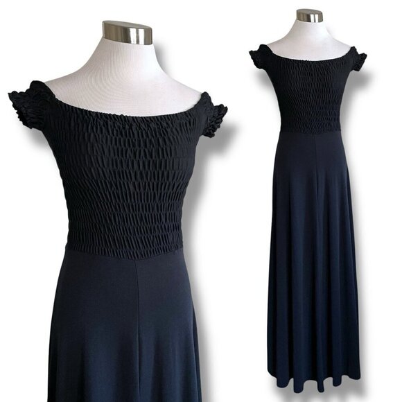 Vintage | Dresses | Vintage 97s Clovis Ruffin Womens Maxi Dress Sz Medium Black Smocked Cap ...